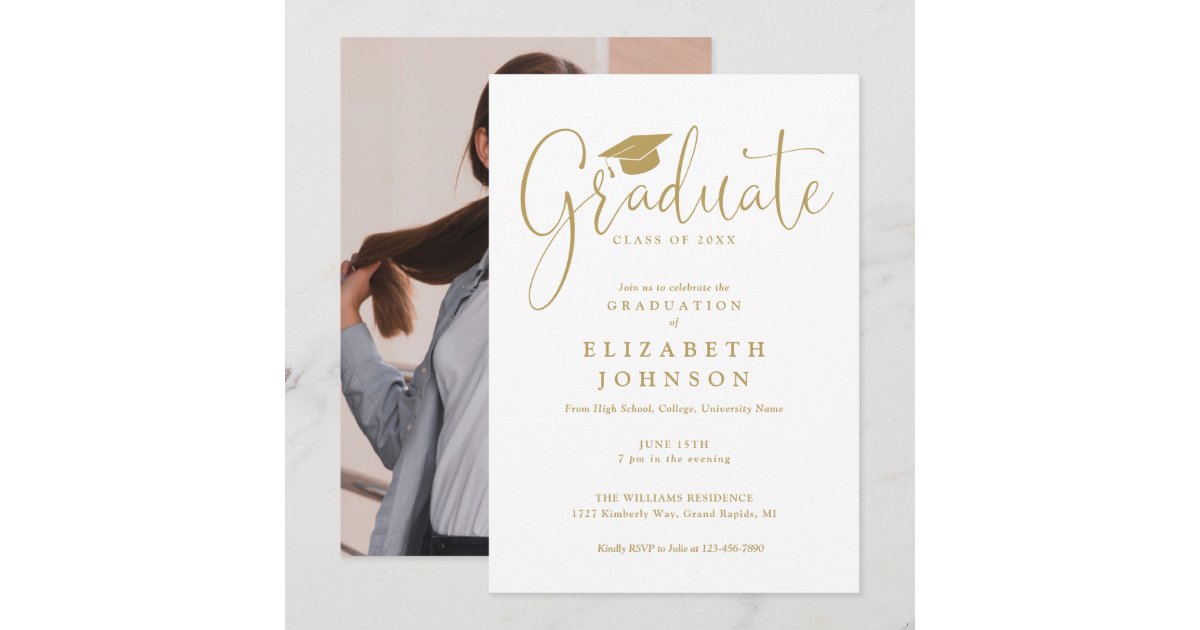 Elegant Gold Script Photo Graduation Party Invitation | Zazzle