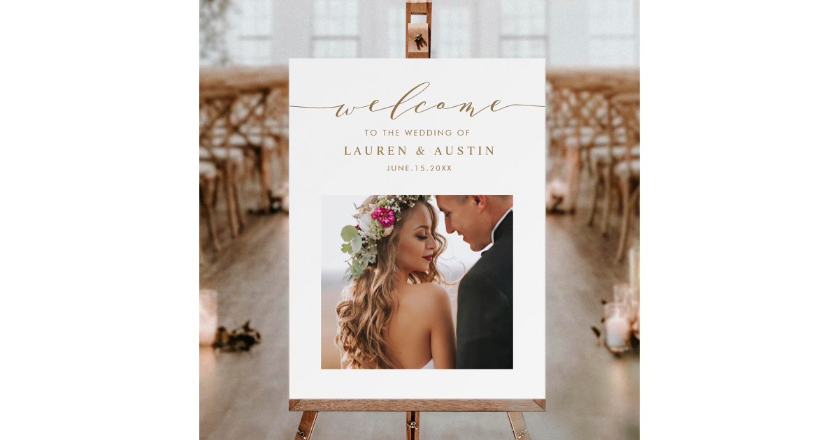 Elegant Gold Script Photo Wedding Welcome Foam Board | Zazzle
