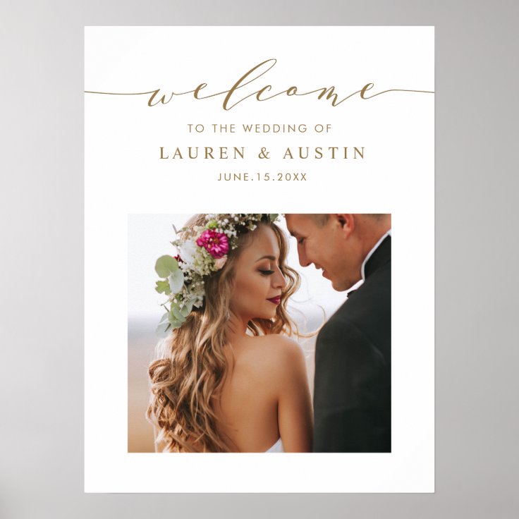 Elegant Gold Script Photo Wedding Welcome Sign | Zazzle