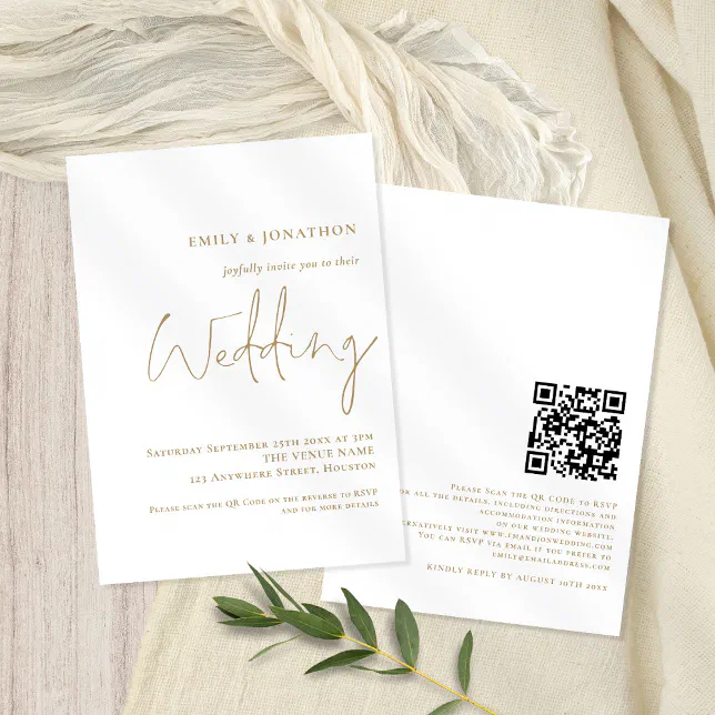 Elegant Gold Script QR Code Wedding Invitation | Zazzle