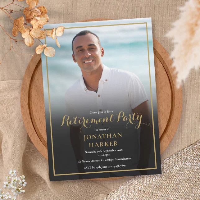 Elegant Gold Script Retirement Party Photo Invitation | Zazzle