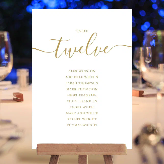 Elegant Gold Script Table Number 12 Seating Chart | Zazzle
