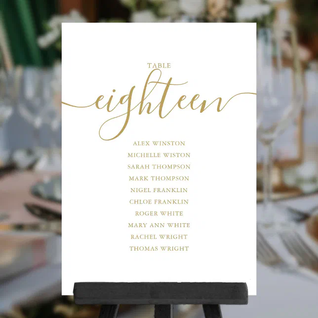 Elegant Gold Script Table Number 18 Seating Chart | Zazzle