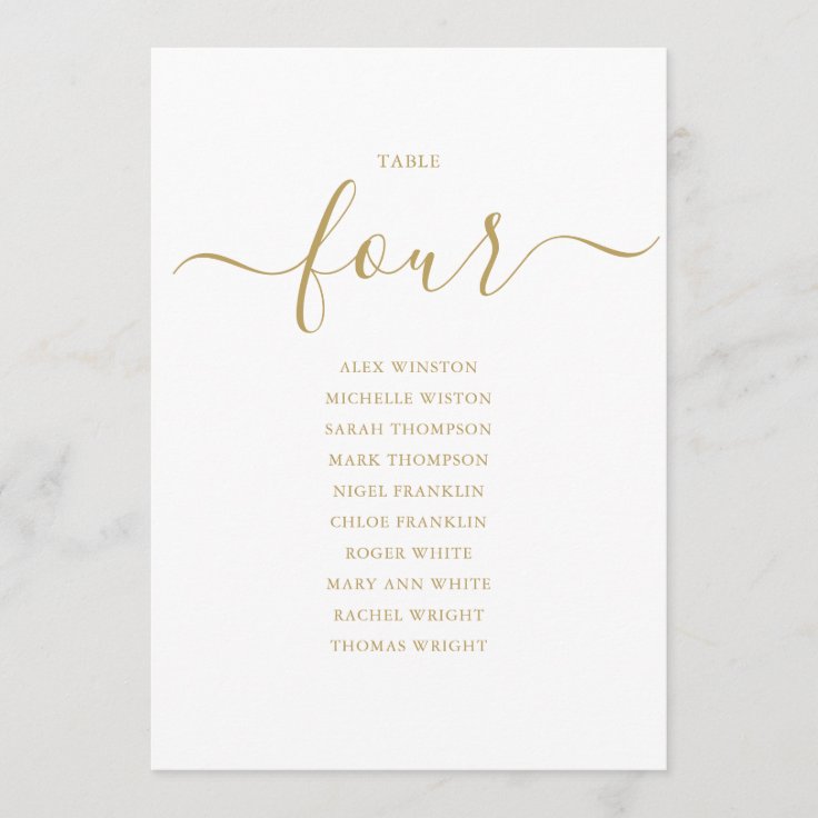 Elegant Gold Script Table Number 4 Seating Chart | Zazzle