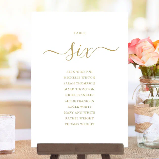 Elegant Gold Script Table Number 6 Seating Chart | Zazzle