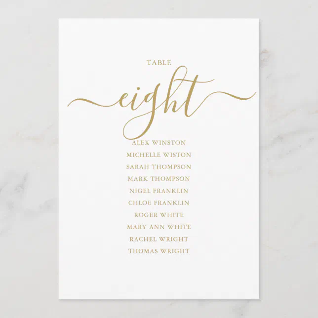 Elegant Gold Script Table Number 8 Seating Chart | Zazzle