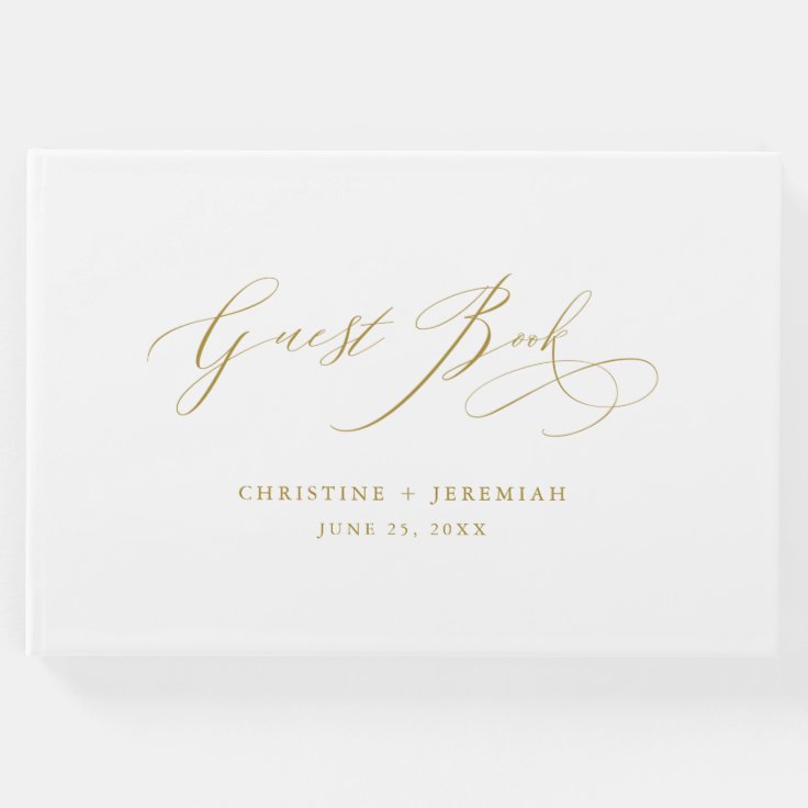Elegant Gold Script Typography White Wedding Guest Book | Zazzle