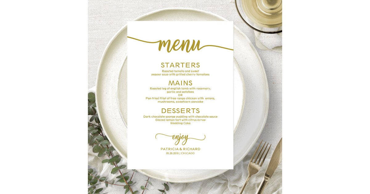 Elegant Gold Script Wedding Menu Card | Zazzle