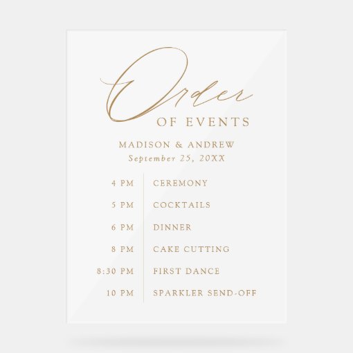 Elegant Gold Script Wedding Order of Events Acrylic Sign | Zazzle