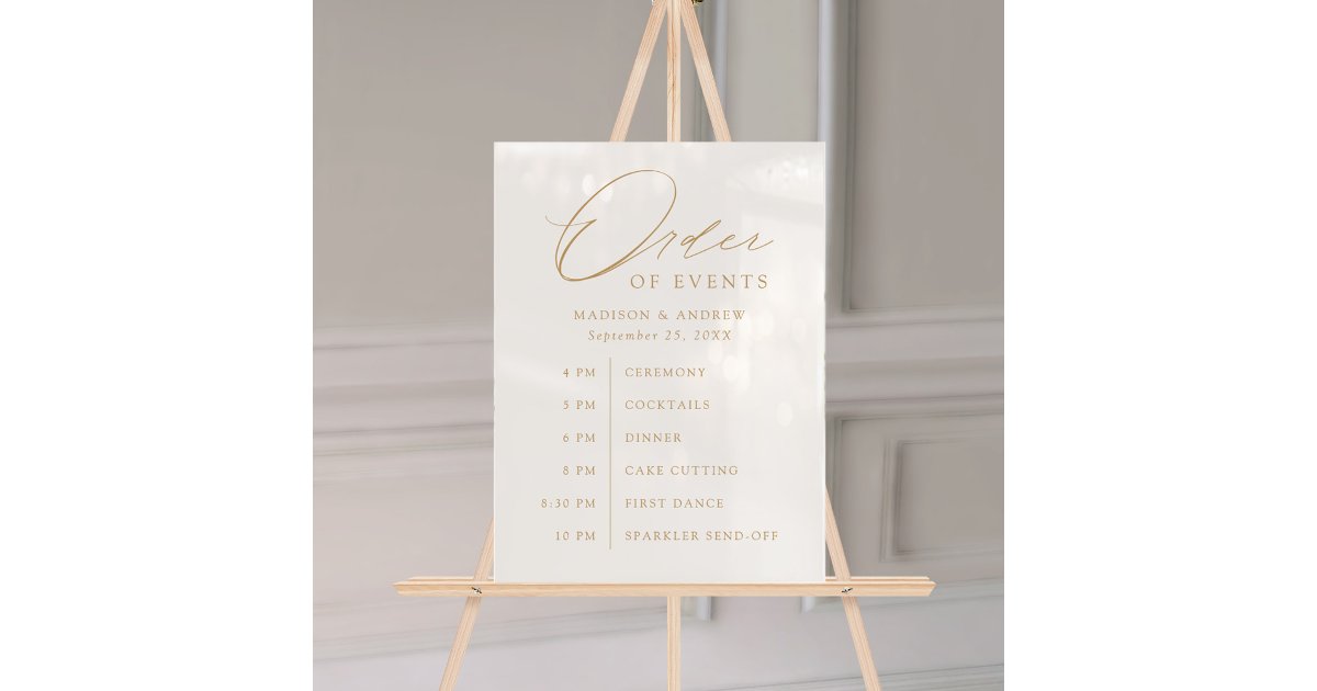 Elegant Gold Script Wedding Order of Events Acrylic Sign | Zazzle