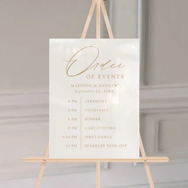 Elegant Gold Script Wedding Order of Events Acrylic Sign | Zazzle