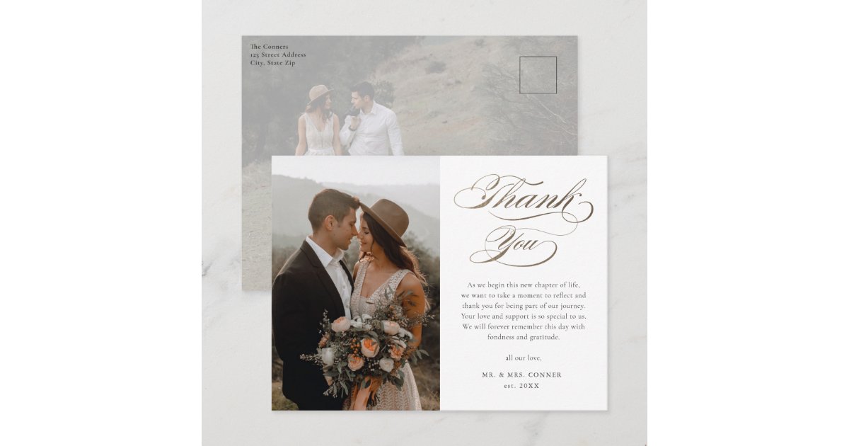 Elegant Gold Script Wedding Thank You Postcard | Zazzle