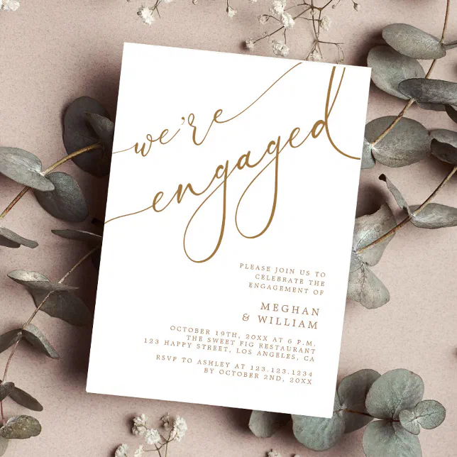 Elegant Gold Script We're Engaged Engagement Party Invitation | Zazzle