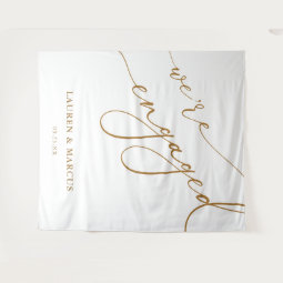 Elegant Gold Script We're Engaged Engagement Party Tapestry | Zazzle