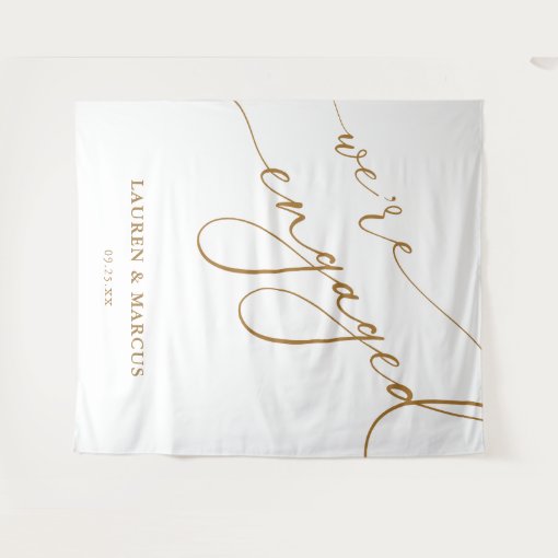 Elegant Gold Script We're Engaged Engagement Party Tapestry | Zazzle