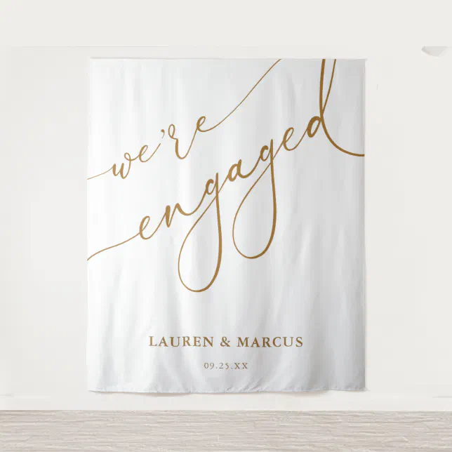 Elegant Gold Script We're Engaged Engagement Party Tapestry | Zazzle