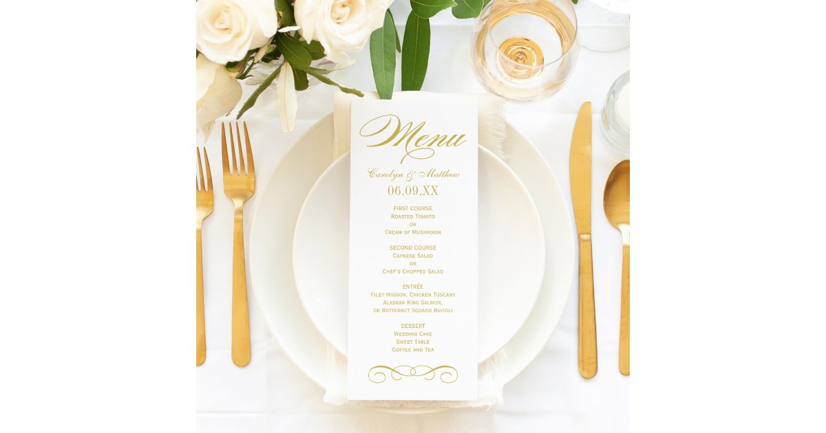 Elegant Gold Scroll Wedding Monogram Menu | Zazzle