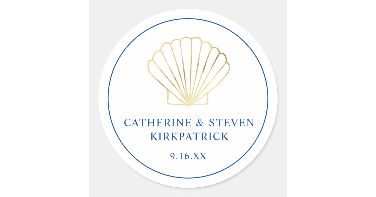 Elegant Gold Seashell Beach Blue White Wedding Classic Round Sticker ...