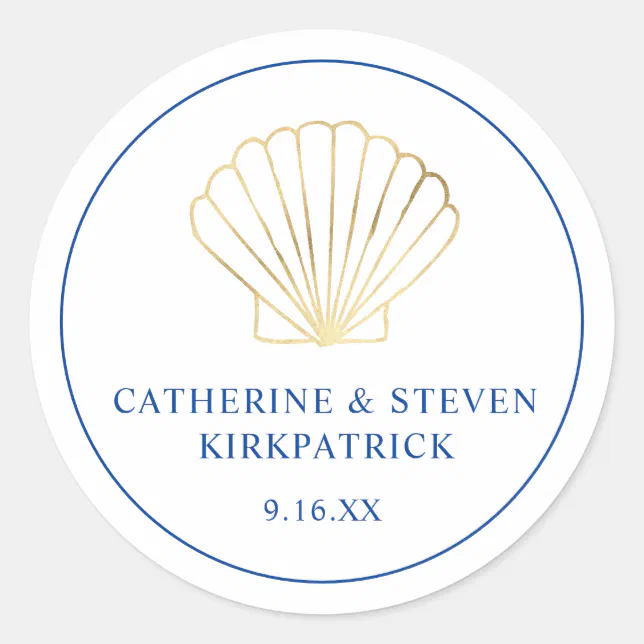 Elegant Gold Seashell Beach Blue White Wedding Classic Round Sticker ...