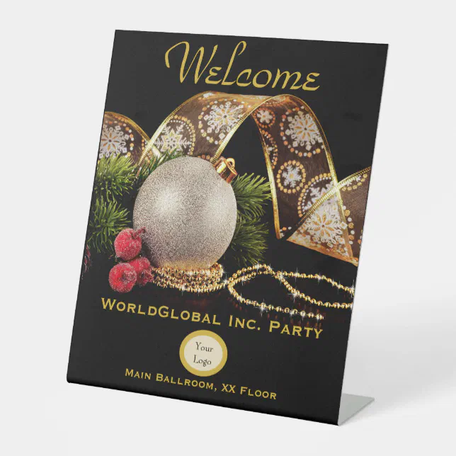Elegant Gold Silver Black Corporate Holiday Party Pedestal Sign | Zazzle