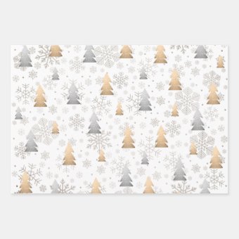 Elegant Gold & Silver Christmas Tree Snowflake Wrapping Paper Sheets ...