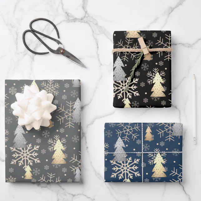 Elegant Gold & Silver Christmas Tree Snowflakes Wrapping Paper Sheets ...