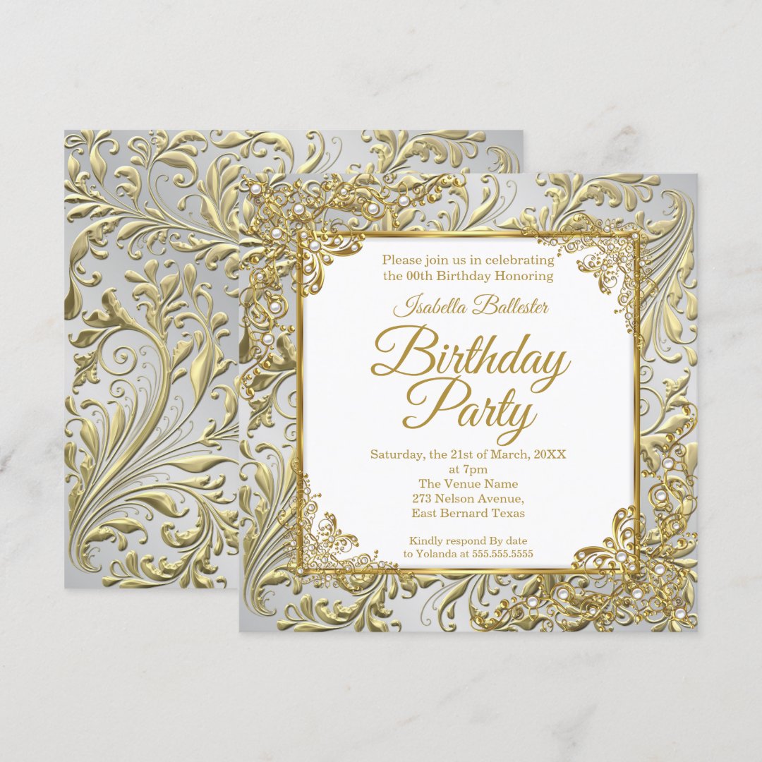 Elegant Gold Silver White Pearl Birthday Party Invitation | Zazzle