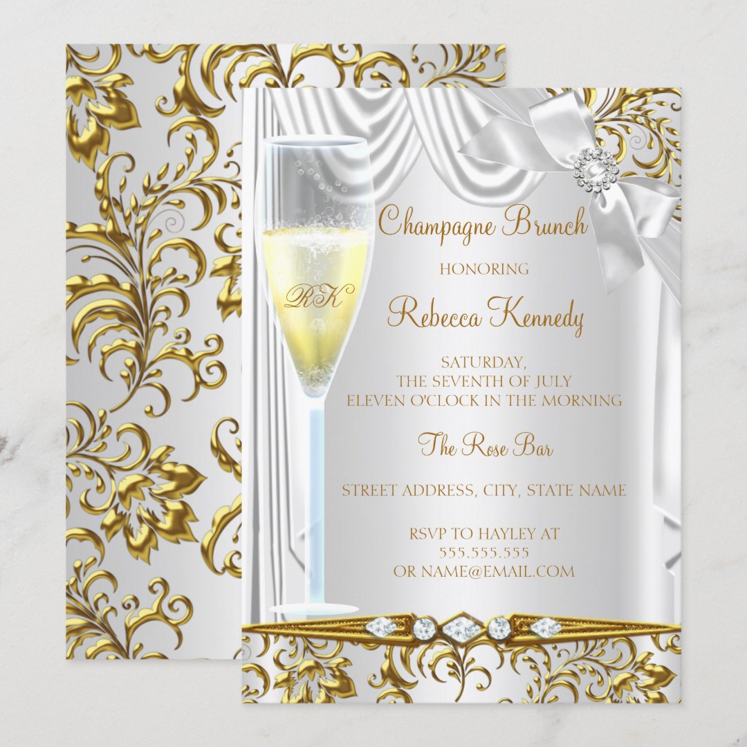 Elegant Gold Silver White Silk Champagne Brunch Invitation | Zazzle