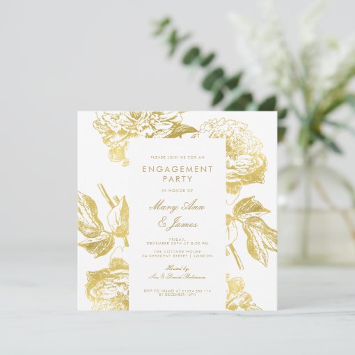 Elegant Gold Simple Floral Engagement Party Invitation | Zazzle