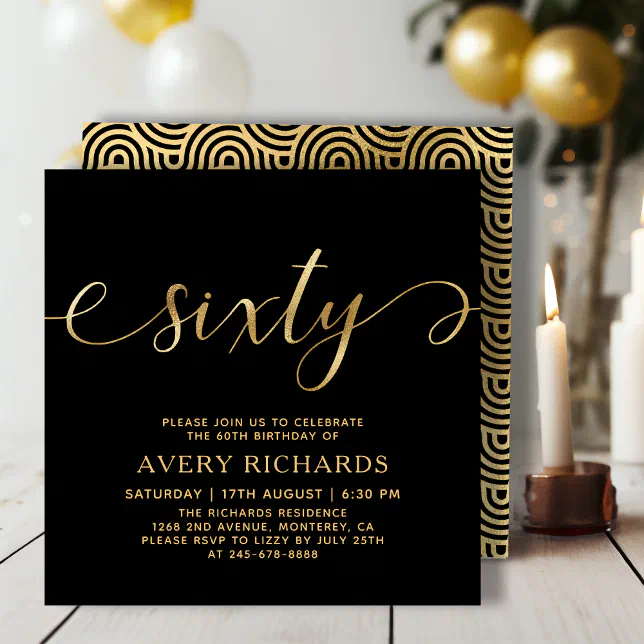 Elegant Gold Sixty Script Black 60th Birthday Invitation | Zazzle