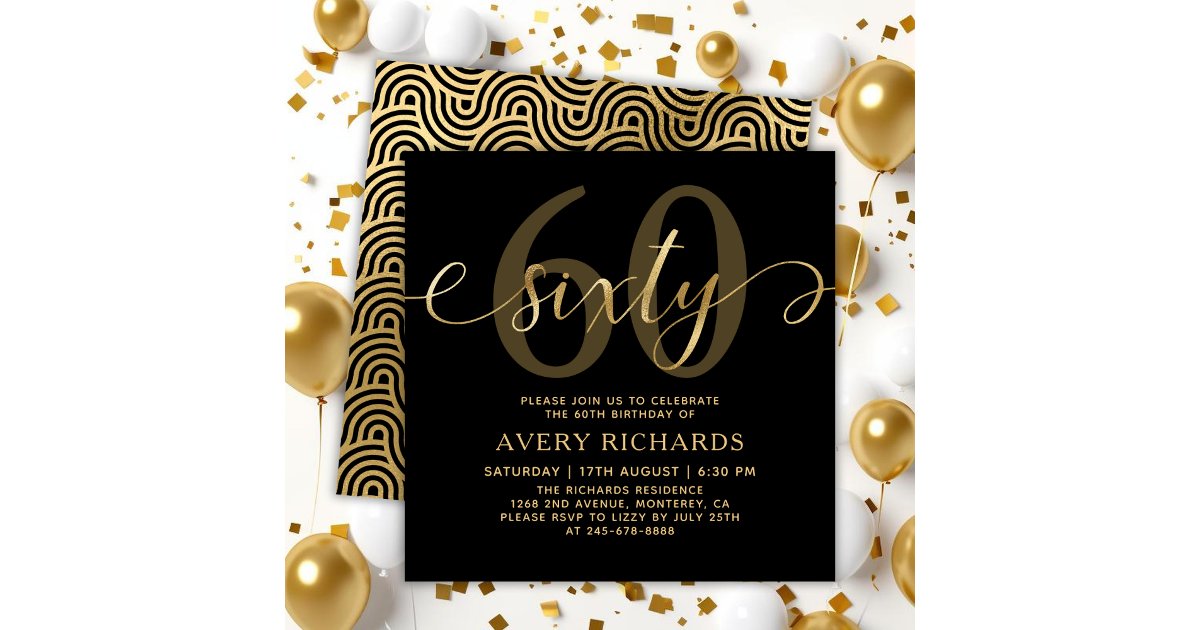 Elegant Gold Sixty Script Black 60th Birthday Invitation | Zazzle