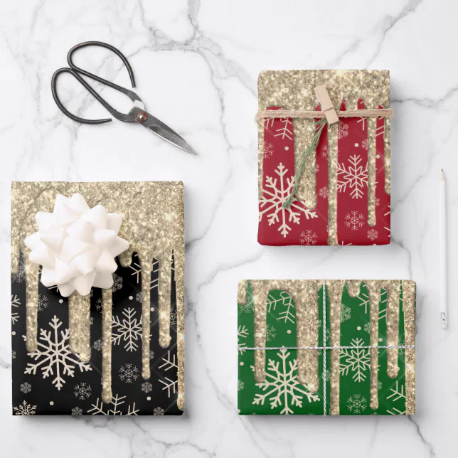 Elegant Gold Snowflake Pattern Dripping Glitter Wrapping Paper Sheets ...