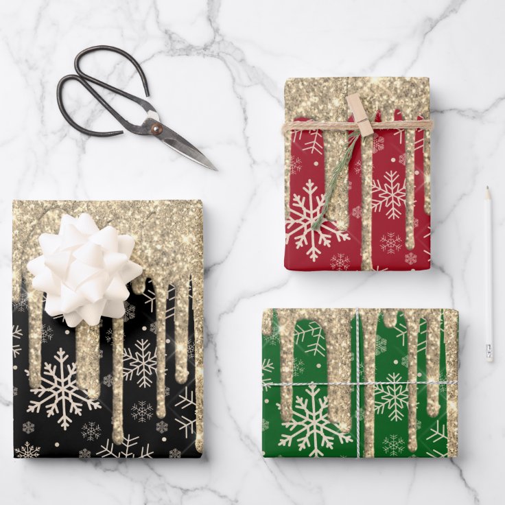 Elegant Gold Snowflake Pattern Dripping Glitter Wrapping Paper Sheets ...