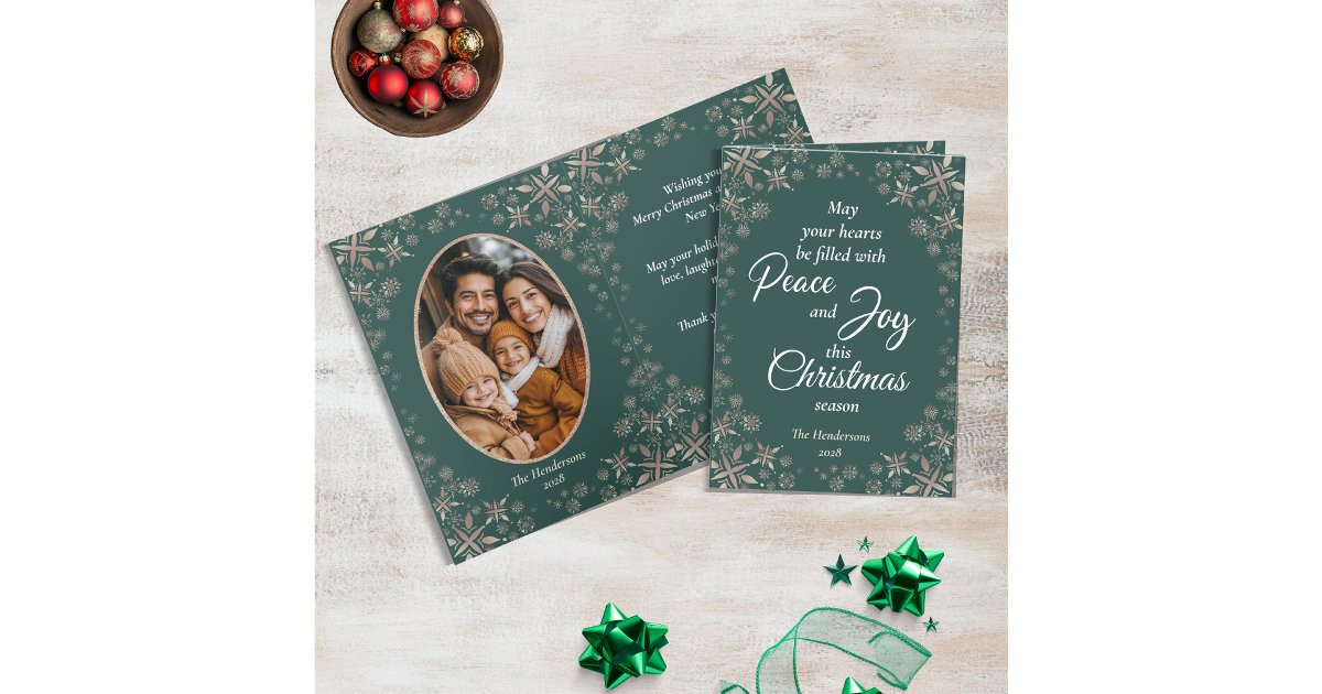 Elegant Gold Snowflakes Peace Joy Green Photo Holiday Card | Zazzle