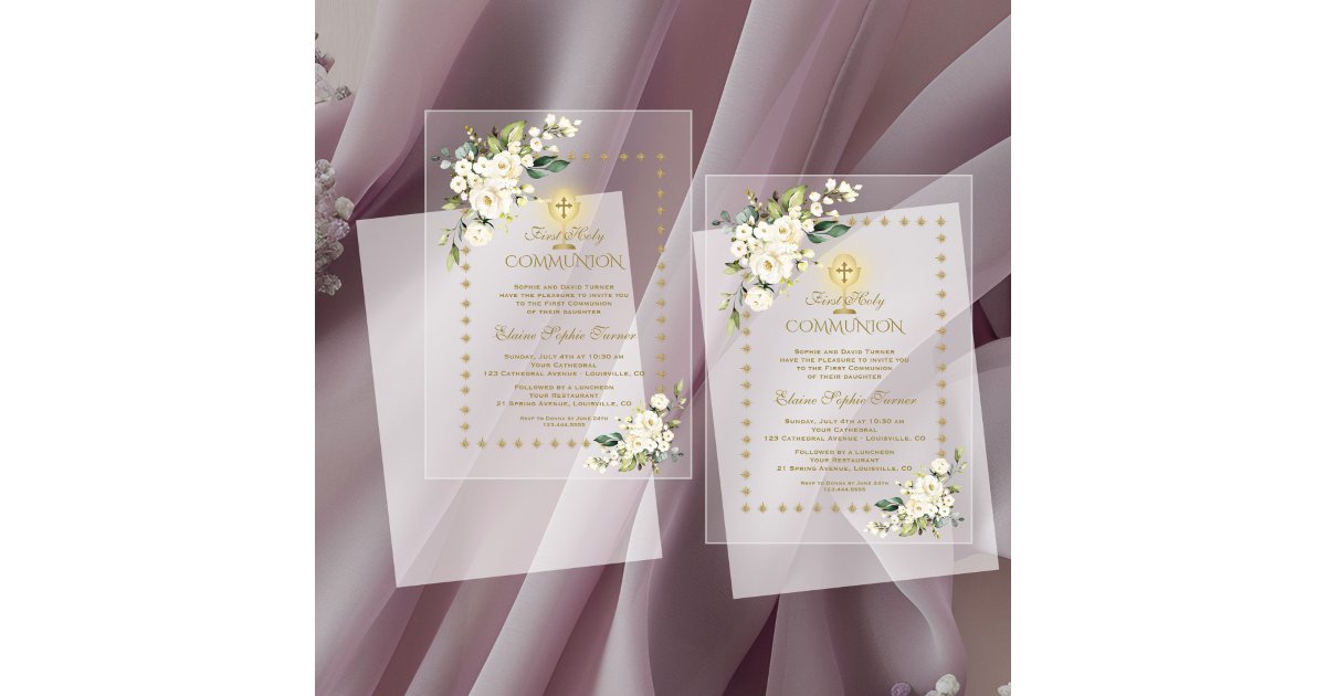 Elegant Gold Sparkles White Floral Holy Communion Acrylic Invitations | Zazzle
