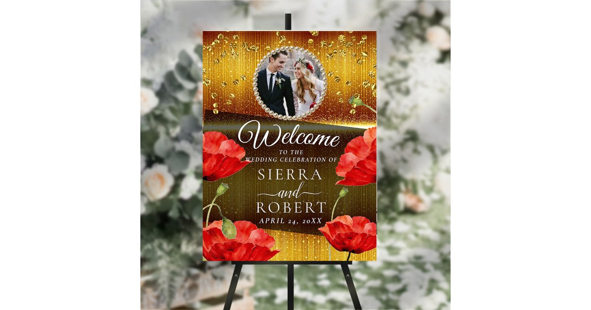 Elegant Gold Sparkly Photo Wedding Welcome Sign | Zazzle