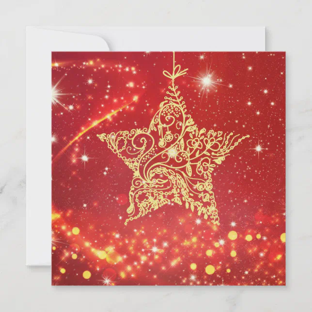 Elegant Gold Star on Red with Swirls Holiday Card | Zazzle