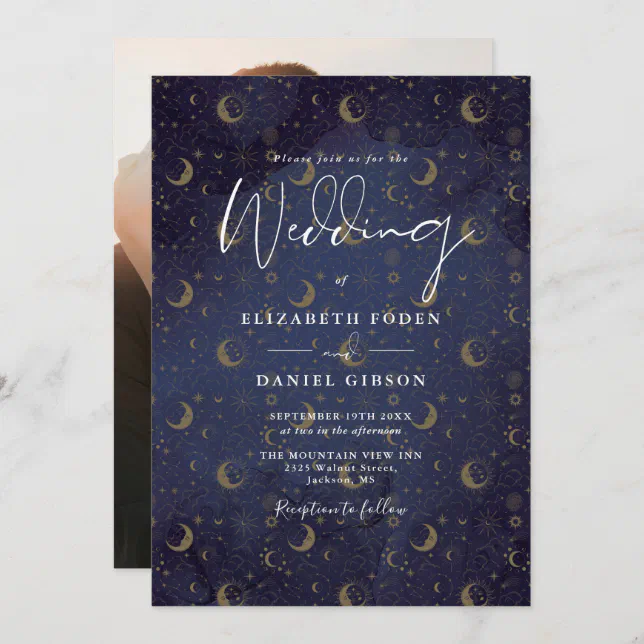 Elegant Gold Stars Moon Photo Celestial Wedding Invitation | Zazzle