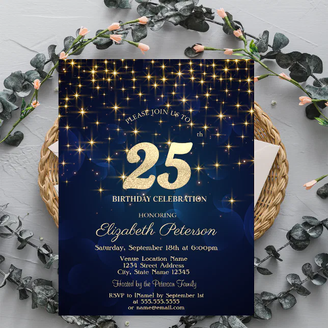 Elegant Gold Stars Navy Blue 25th Birthday Party Invitation | Zazzle