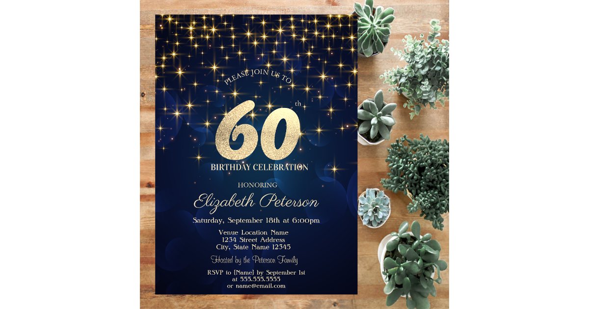 Elegant Gold Stars Navy Blue 60th Birthday Party Invitation | Zazzle