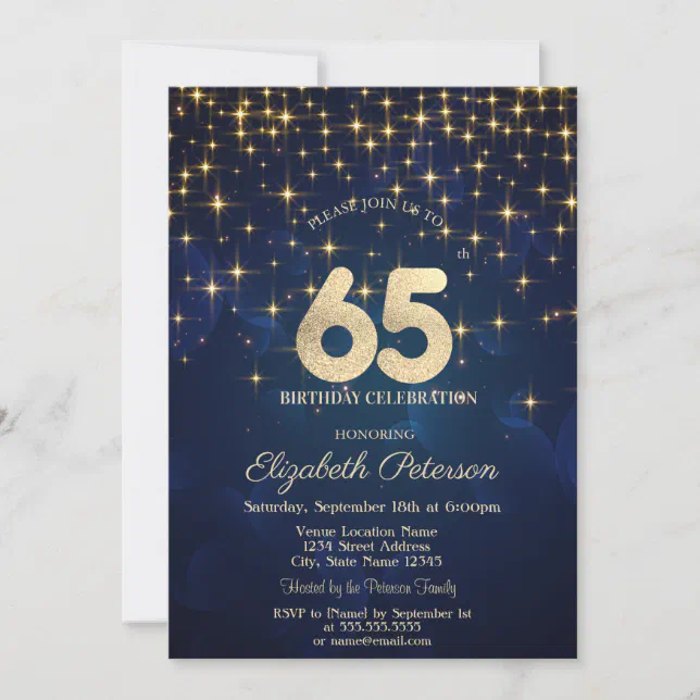 Elegant Gold Stars Navy Blue 65th Birthday Party Invitation | Zazzle