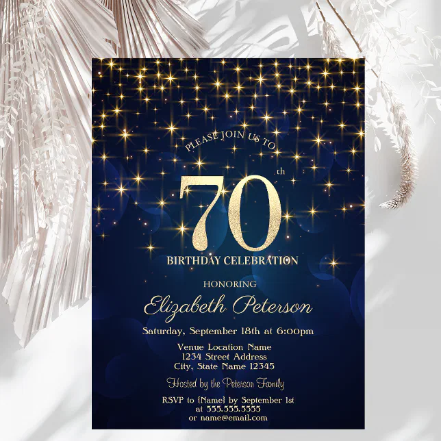 Elegant Gold Stars Navy Blue 70th Birthday Party Invitation | Zazzle
