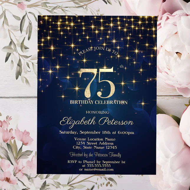 Elegant Gold Stars Navy Blue 75th Birthday Party Invitation | Zazzle