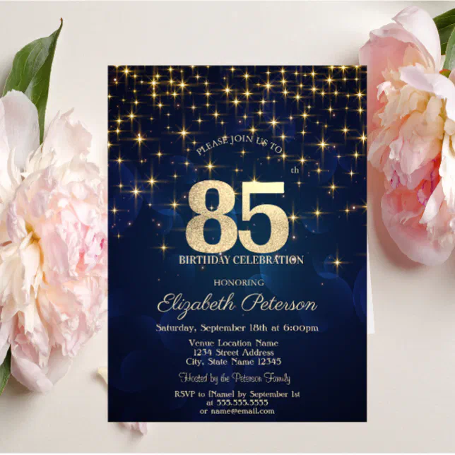 Elegant Gold Stars Navy Blue 85th Birthday Party Invitation | Zazzle