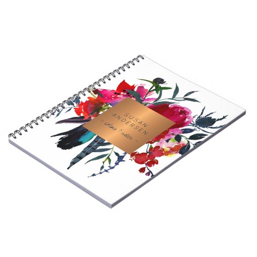 Elegant gold steel copper metallic red navy floral notebook | Zazzle