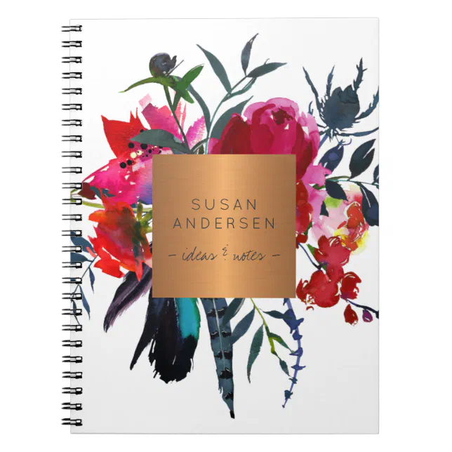 Elegant gold steel copper metallic red navy floral notebook | Zazzle