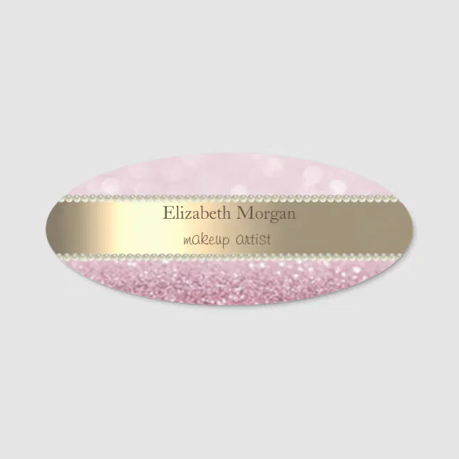 Elegant Gold Stripe, Glitter Bokeh, Pearls Name Tag | Zazzle