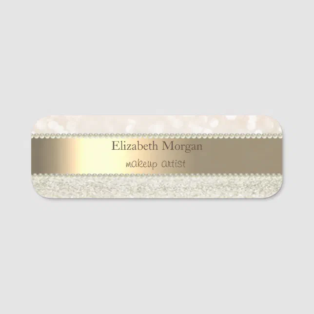 Elegant Gold Stripe, Pearls, Glitter Bokeh Name Tag | Zazzle