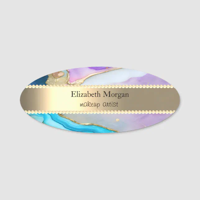 Elegant Gold Stripe, Pearls,Violet Blue Marble Name Tag | Zazzle