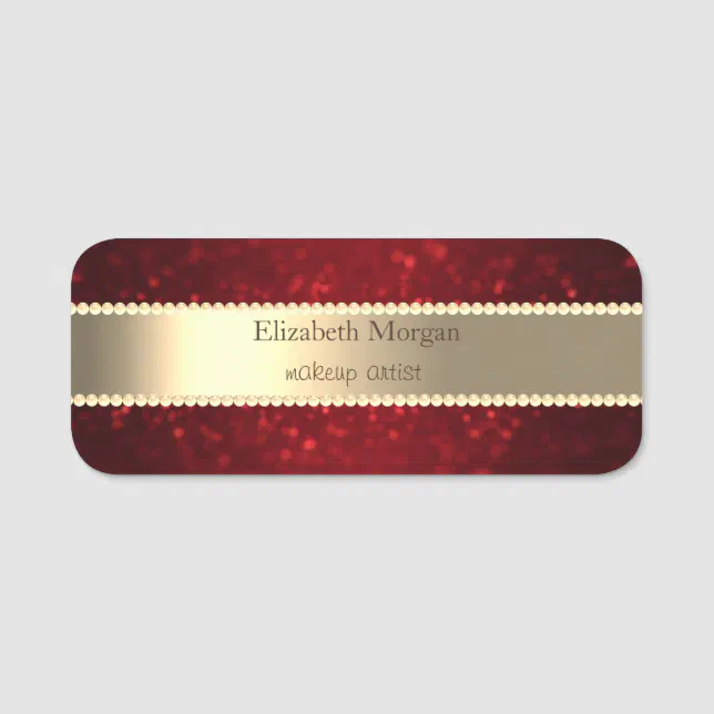 Elegant Gold Stripe,Red Glitter Bokeh, Pearls Name Tag | Zazzle